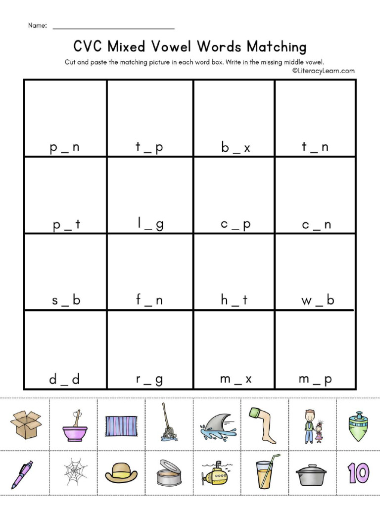 CVC Mixed Vowels Picture Matching Worksheets From LiteracyLearn - Co | PDF