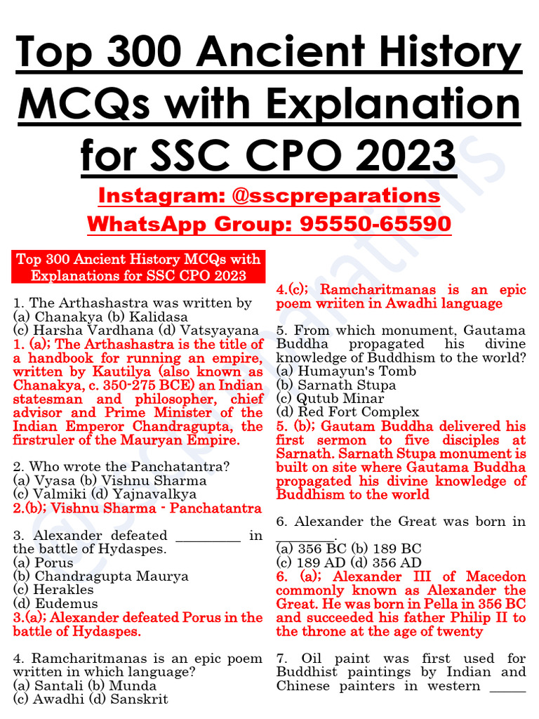 Top 300 Ancient History Solved MCQs | PDF