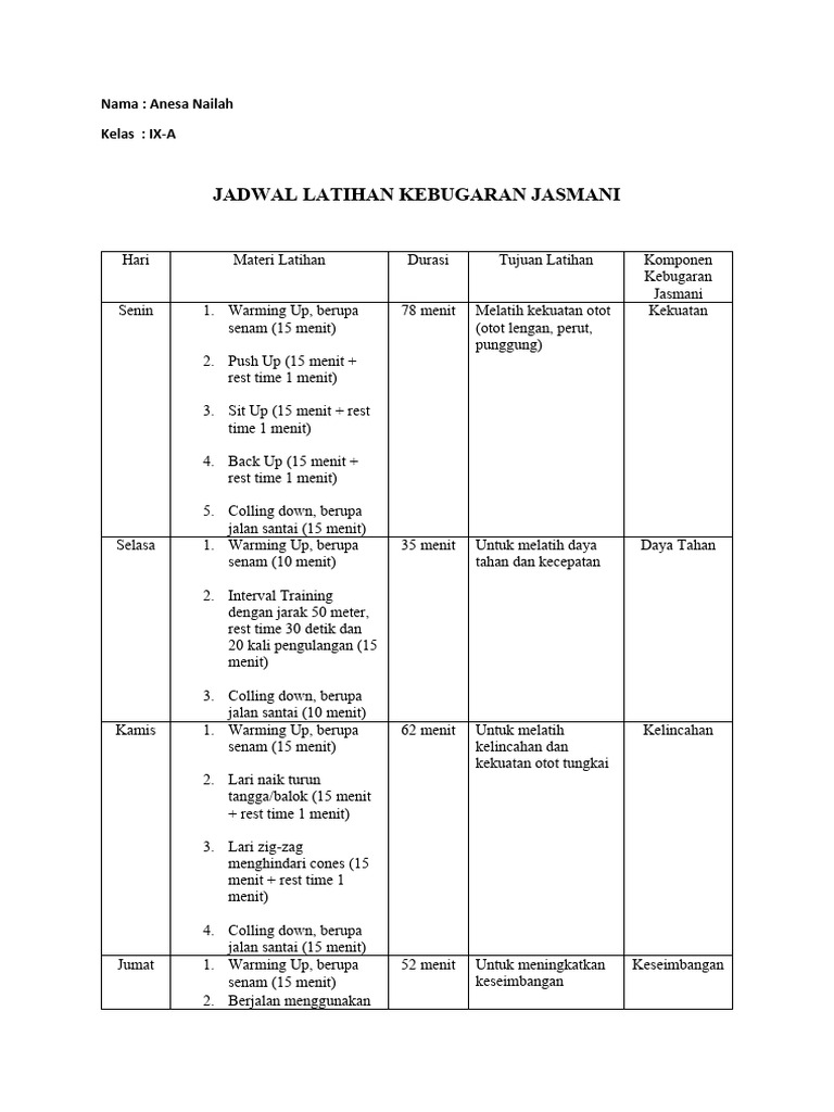 Jadwal Latihan Kebugaran Jasmani | PDF