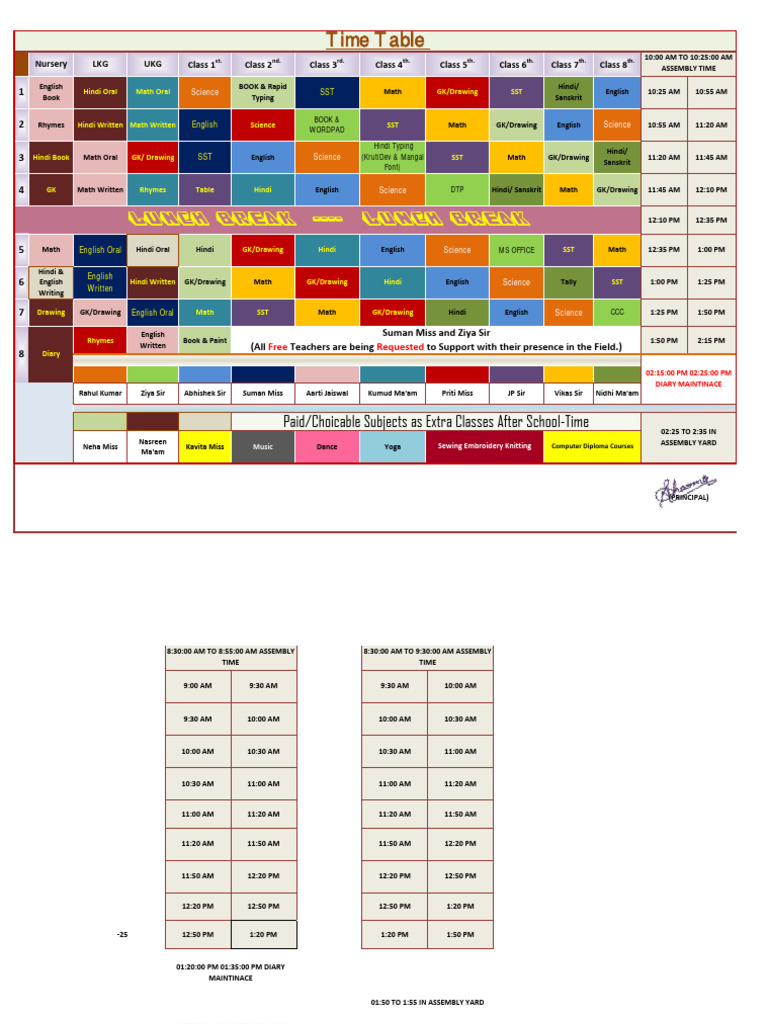 School Timetable for Nursery to Grade 8 | PDF