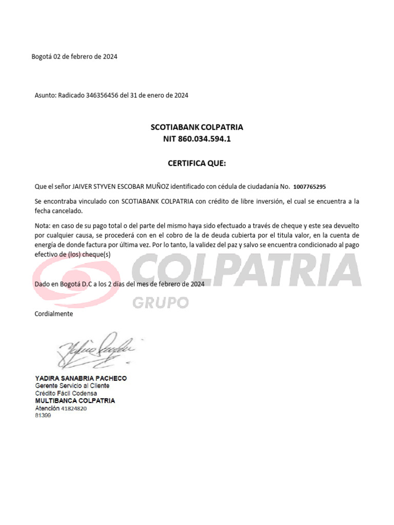 Paz - y - Salvo - Colpatria 346356456 | PDF