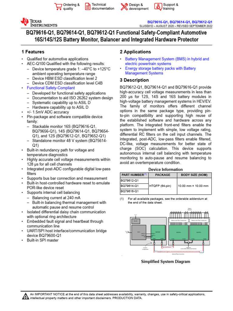 BQ79616-Q1, BQ79614-Q1, BQ79612-Q1 Functional Safety-Compliant ...