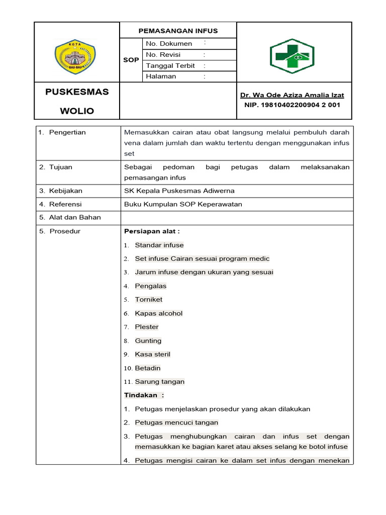 SOP Pemasangan Infus Puskesmas | PDF