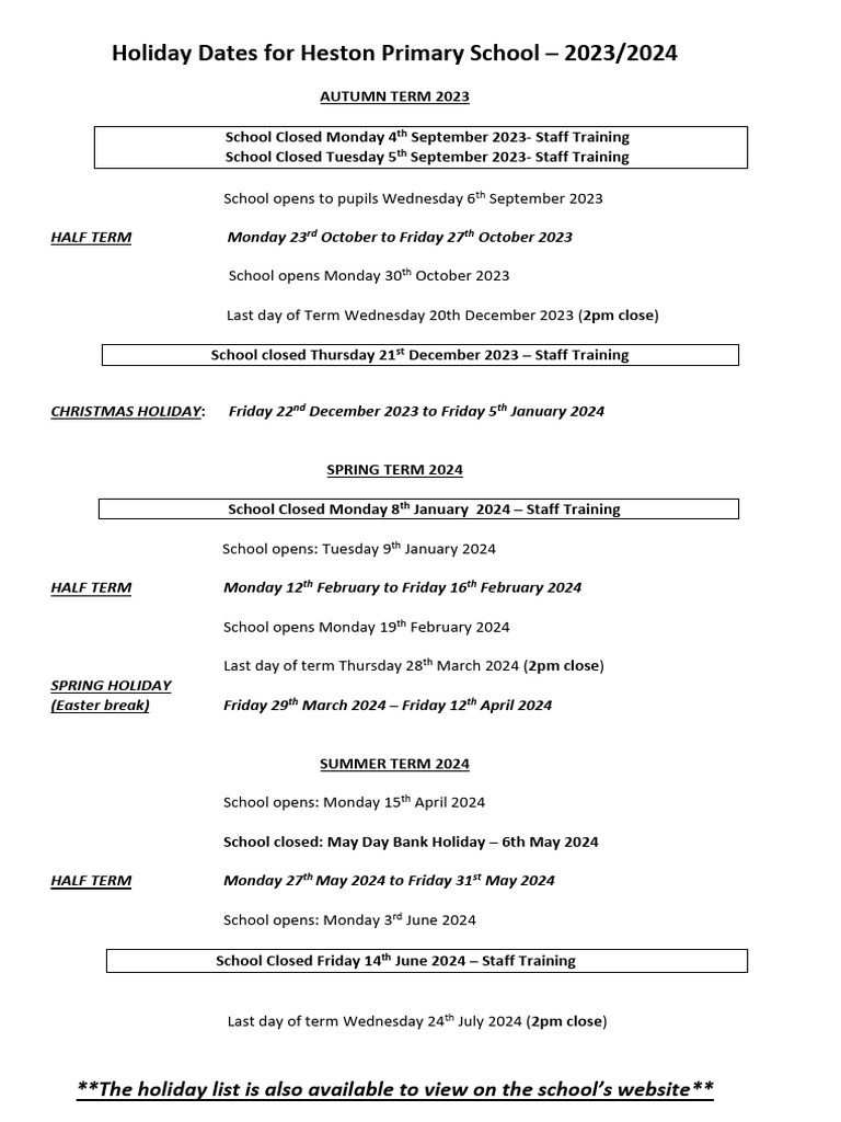 Heston Primary School Holiday Dates 2023/24 | PDF