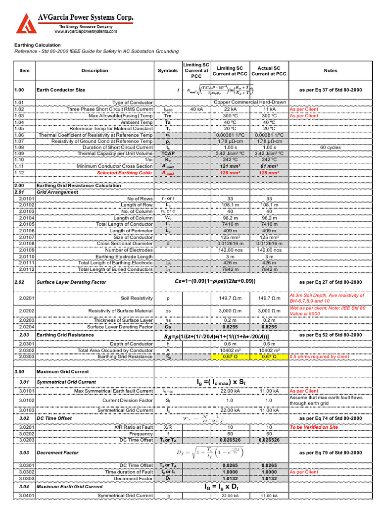 Sample Design Calculation Earthing Systems Design As Per IEEE 80 - 2000 | PDF | Physical ...