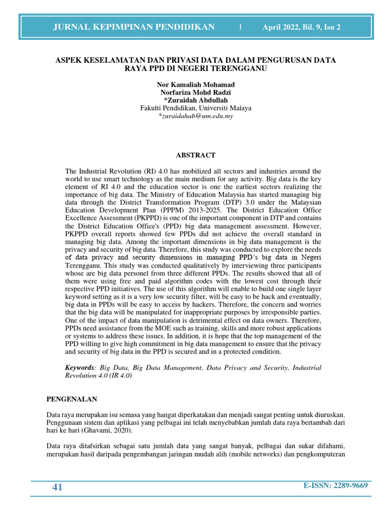 Jurnal Kepimpinan Pendidikan - : Aspek Keselamatan Dan Privasi Data Dalam Pengurusan Data Raya ...