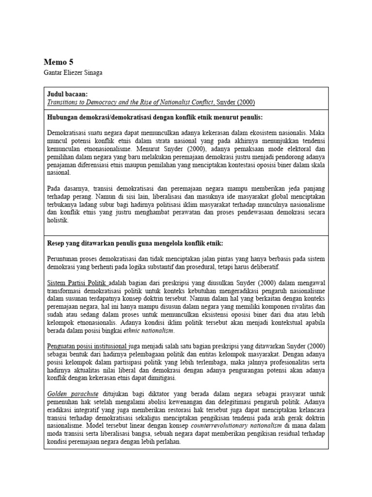 Memo 5 - Gantar Eliezer Sinaga Konflik Etnik | PDF