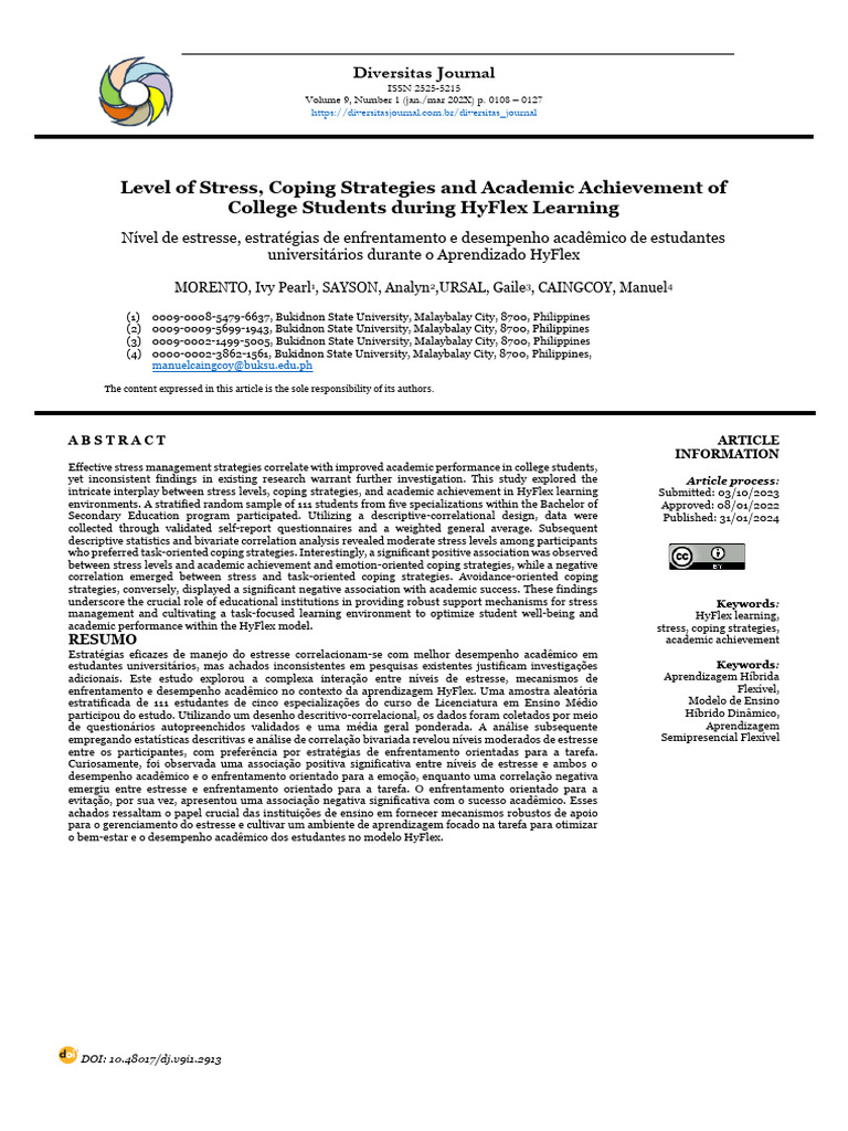 Level of Stress, Coping Strategies and Academic Achievement of College Students during HyFlex ...