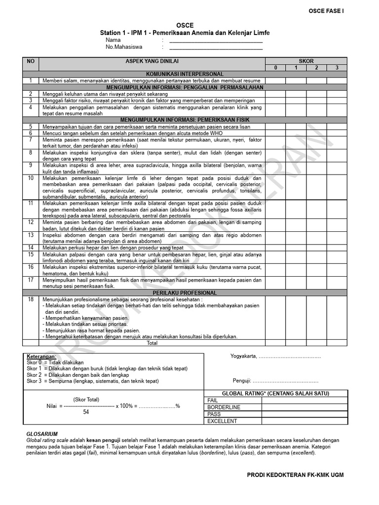 Checklist OSCE Fase 1 - Station 1D (Anemia Dan Kelenjar Limfa) | PDF