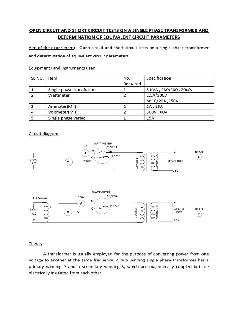 Open Circuit & Short Circuit Test On Single Phase Transformer | PDF