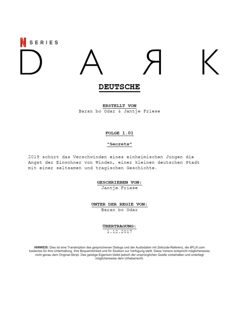 Dark GERMAN Episode Script Transcript Season 1 01 Secrets | PDF