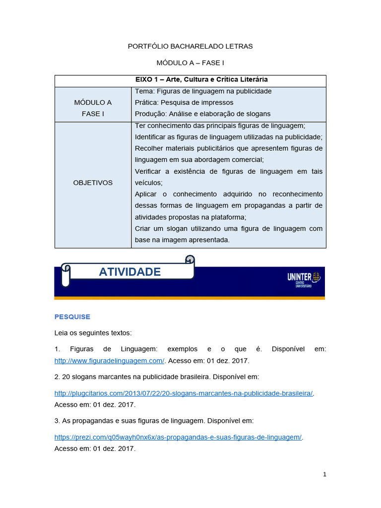 Portfólio Bacharelado Letras AI2018 | PDF