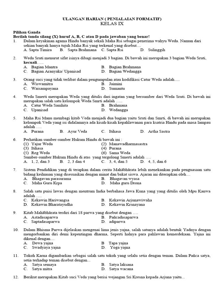 ULANGAN HARIAN Kelas IX Mahabharata | PDF | Agama & Spiritualitas | Fiksi Umum