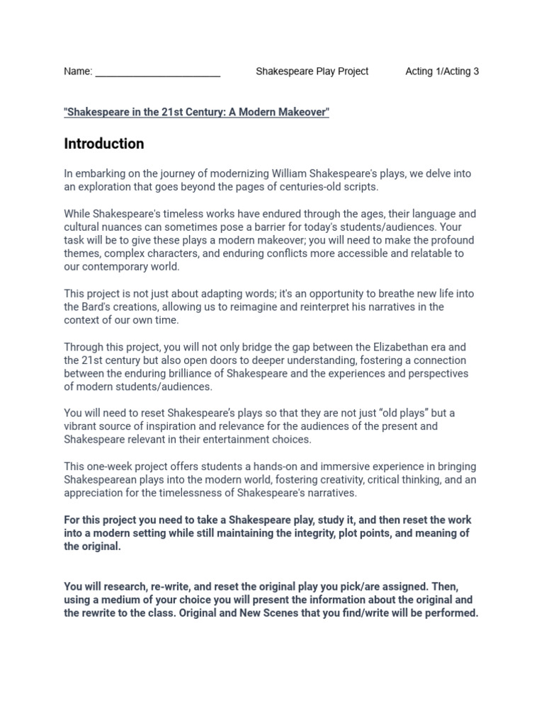 Shakespeare in The 21st Century A Modern Makeover - Class Project | PDF ...