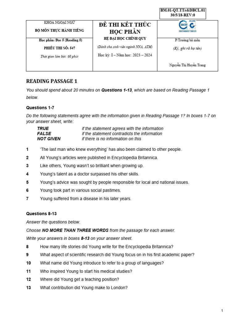 Final Reading Test 5. Code 541 | PDF
