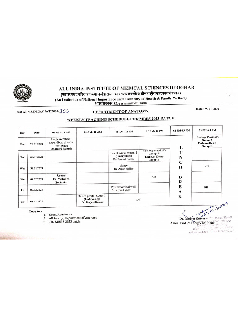 Weekly Teaching Schedule MBBS 2023 Batch | PDF