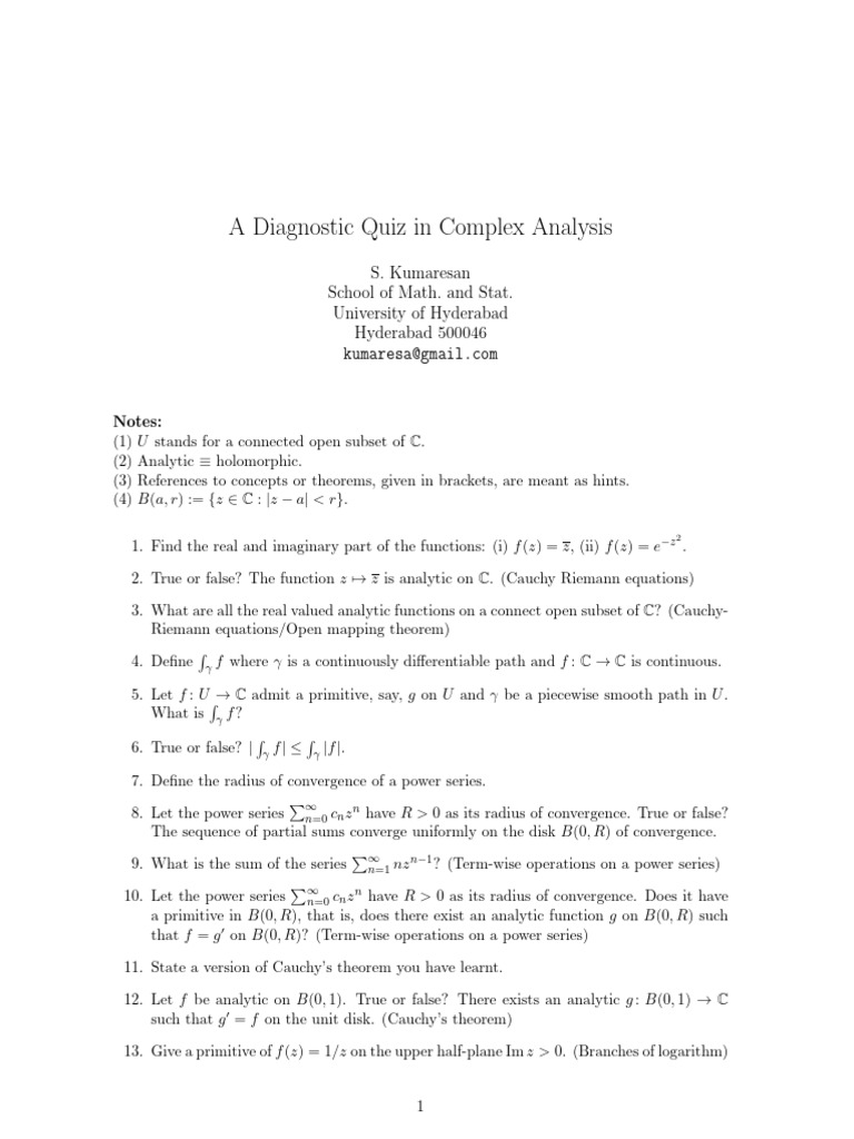 A Diagnostic Quiz in Complex Analysis | PDF