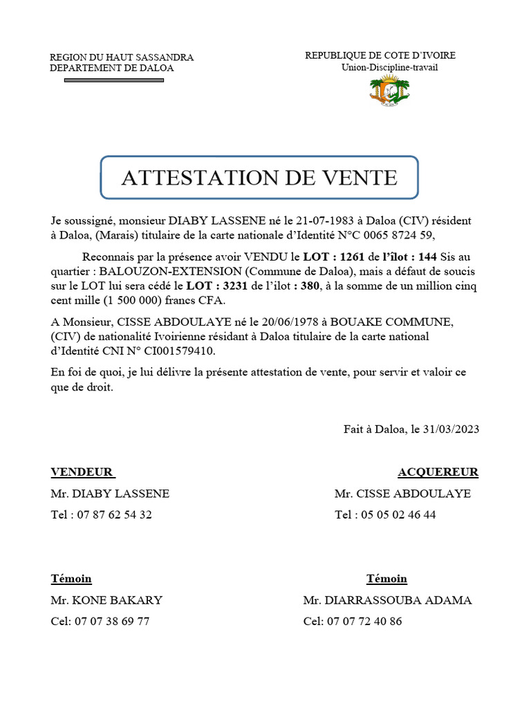 Exemple D Attestation De Vente