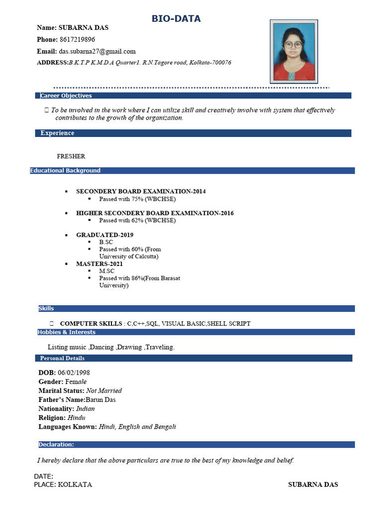 Fresher Profile: Subarna Das | PDF
