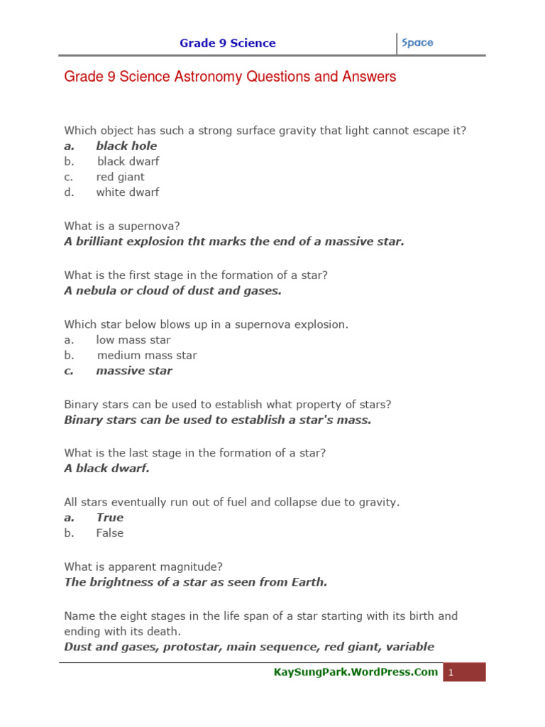 Grade 9 Science Astronomy Questions Answers | PDF | Stars | Sun