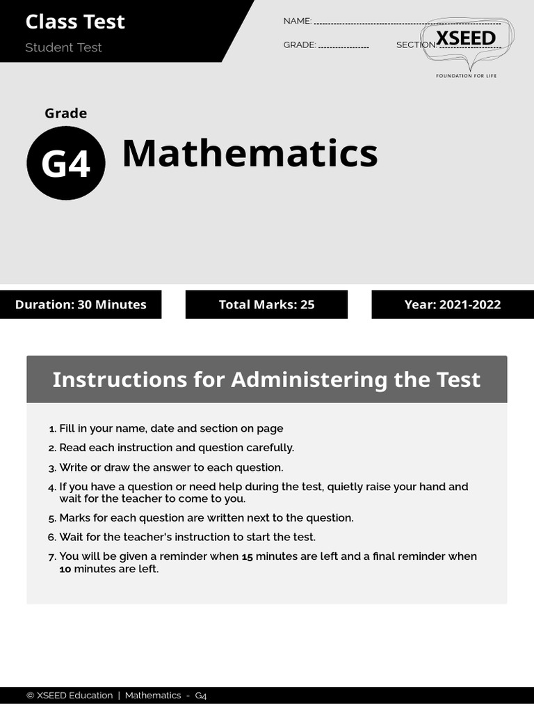 G4 Mathematics Class Test Instructions | PDF