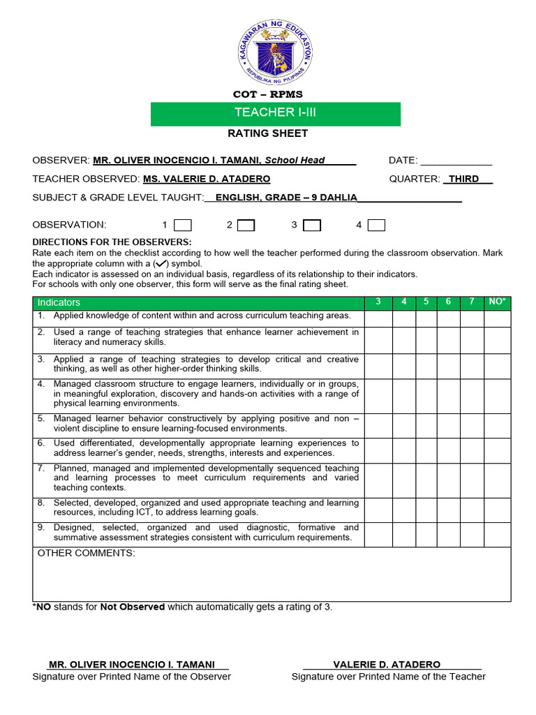 COT - Observation Sheet | Download Free PDF | Learning | Curriculum