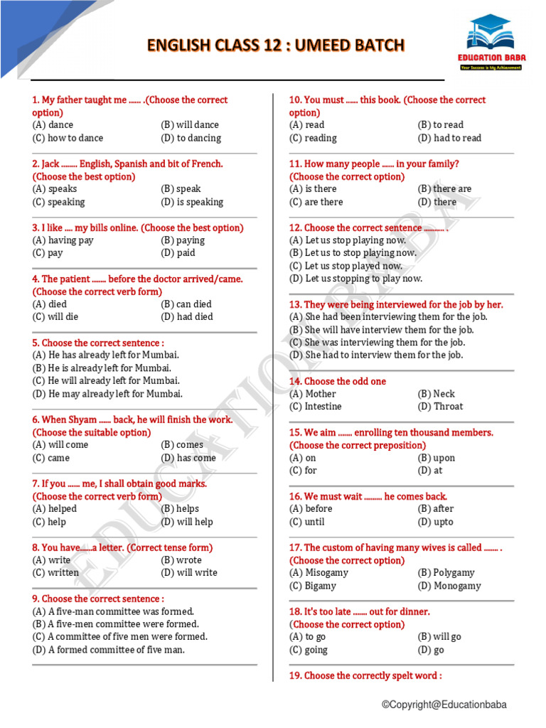 Education Baba English Guess Questions 2024 | PDF