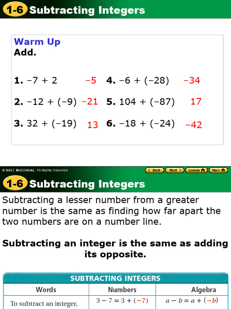 1-6 Subtracting Integers | PDF | Subtraction | Integer