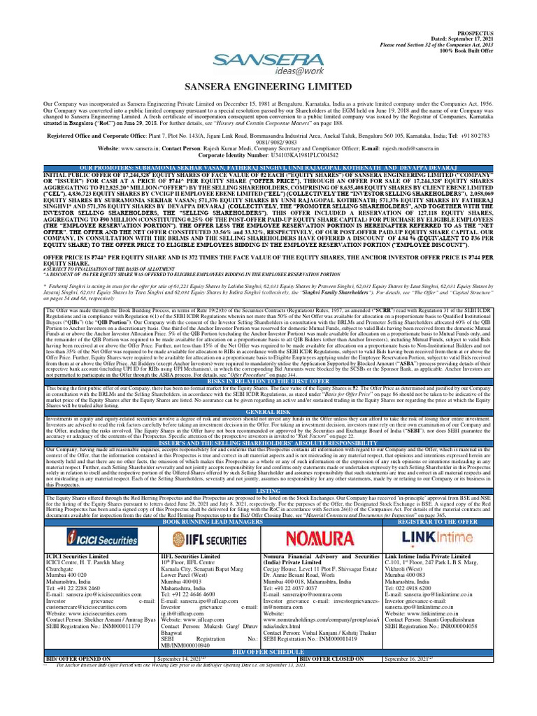 Sansera_DRHP | PDF | Stocks | Securities (Finance)
