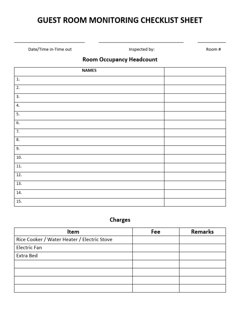 Guest Room Monitoring Checklist Sheet | PDF