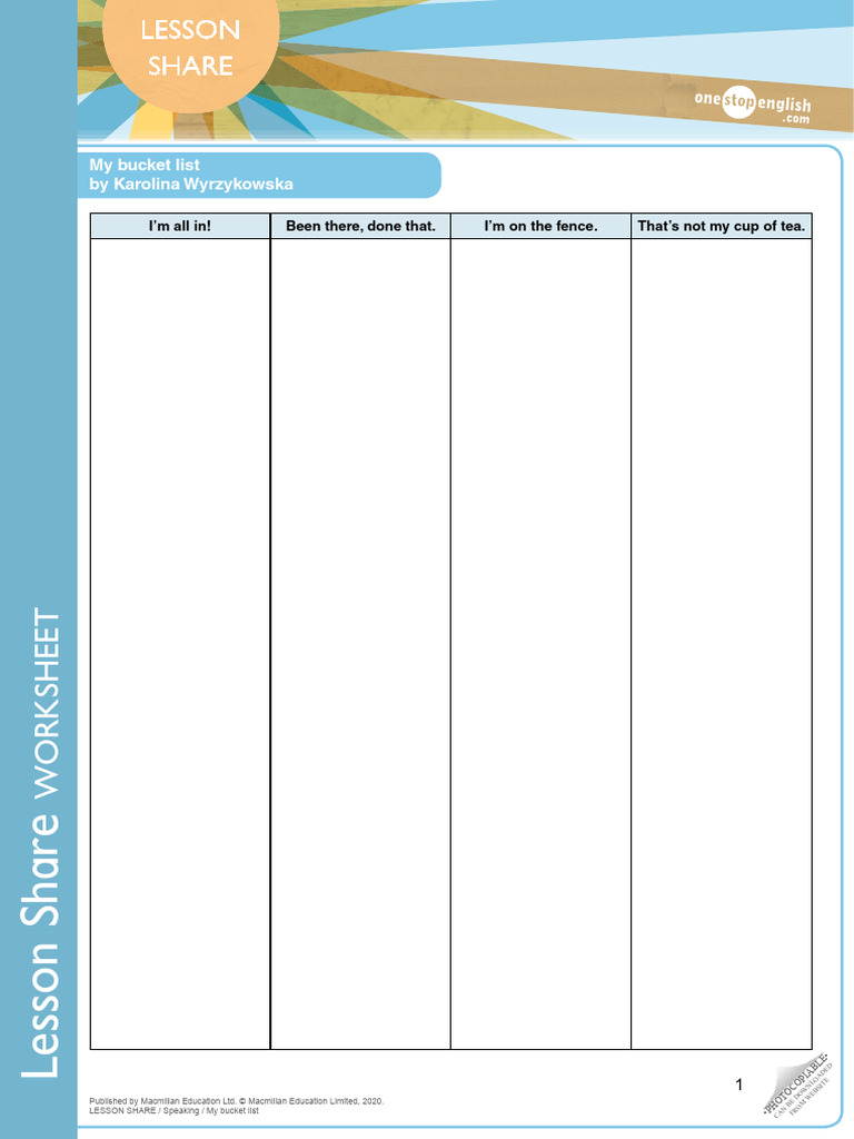 Lesson Share My Bucket List Worksheet | PDF