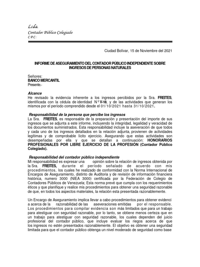 Nuevo Informe NIEA 3000 Certificación de Ingresos | PDF | Contador ...
