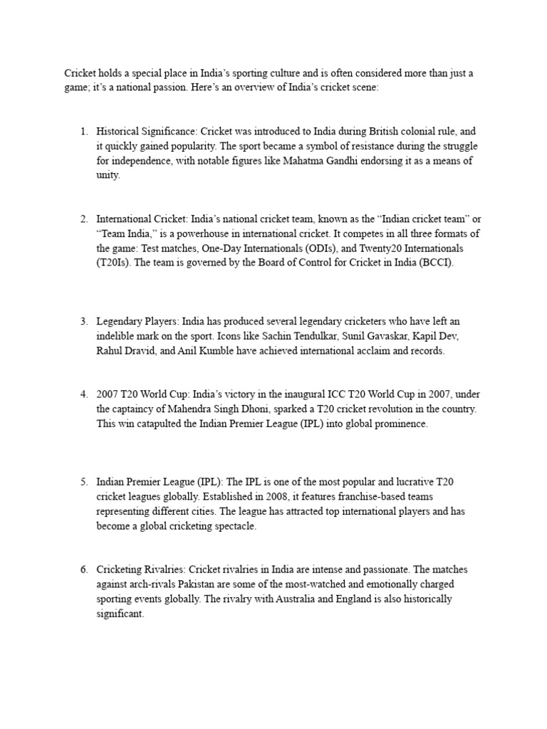 Indian Cricket 1 | PDF | Cricket | Forms Of Cricket