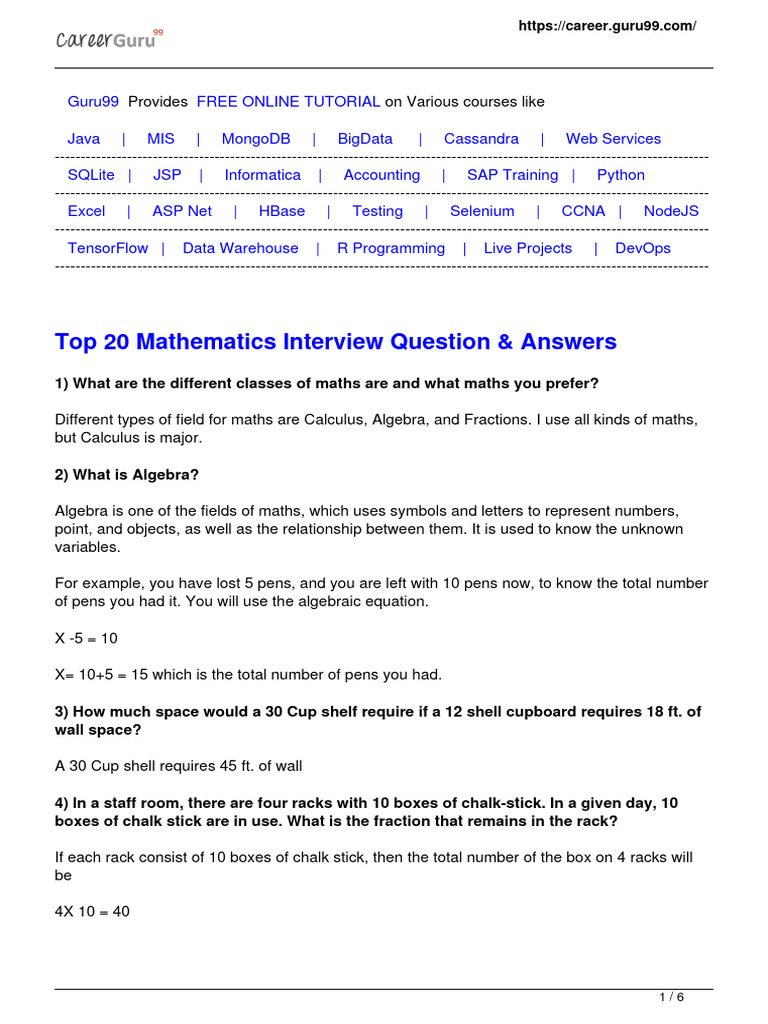 Top 20 Mathematics Interview Question | PDF