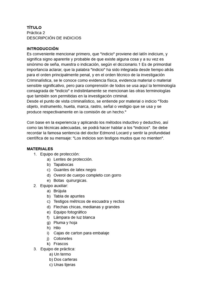 Práctica 2 DESCRIPCIÓN DE INDICIOS | PDF