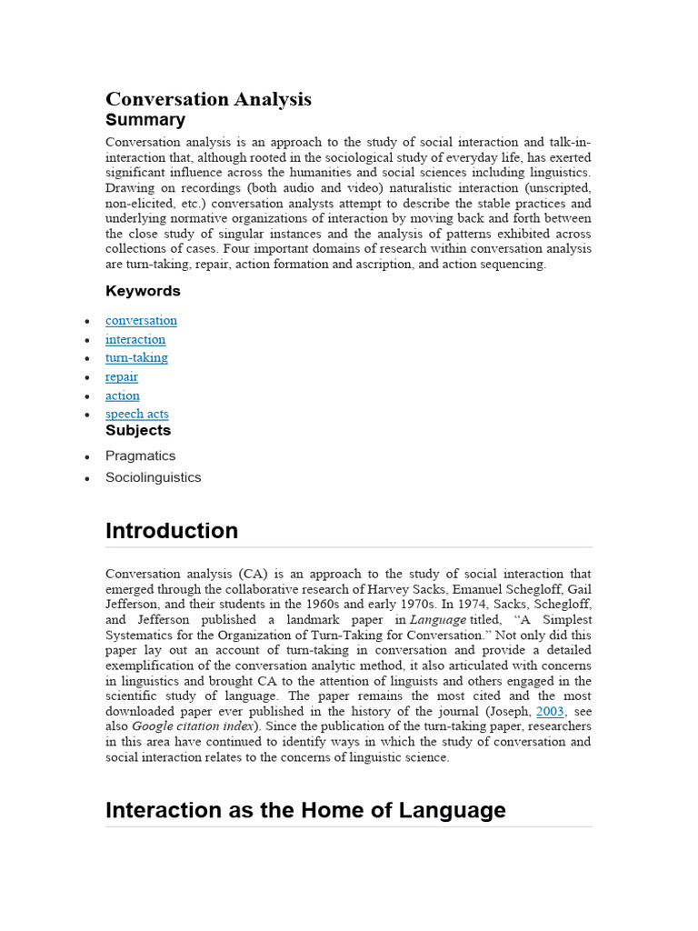 Conversation Analysis. Jack Sindle | PDF