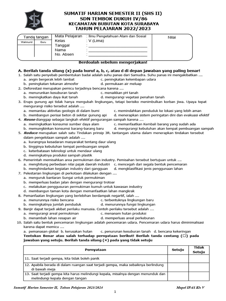 Soal Sumatif Harian Semester II IPAS 2023-2024 (BAB VIII) | PDF