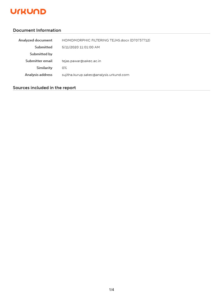 Urkund Report - Homomorphic Filtering Tejas - Docx (d70737712) | PDF