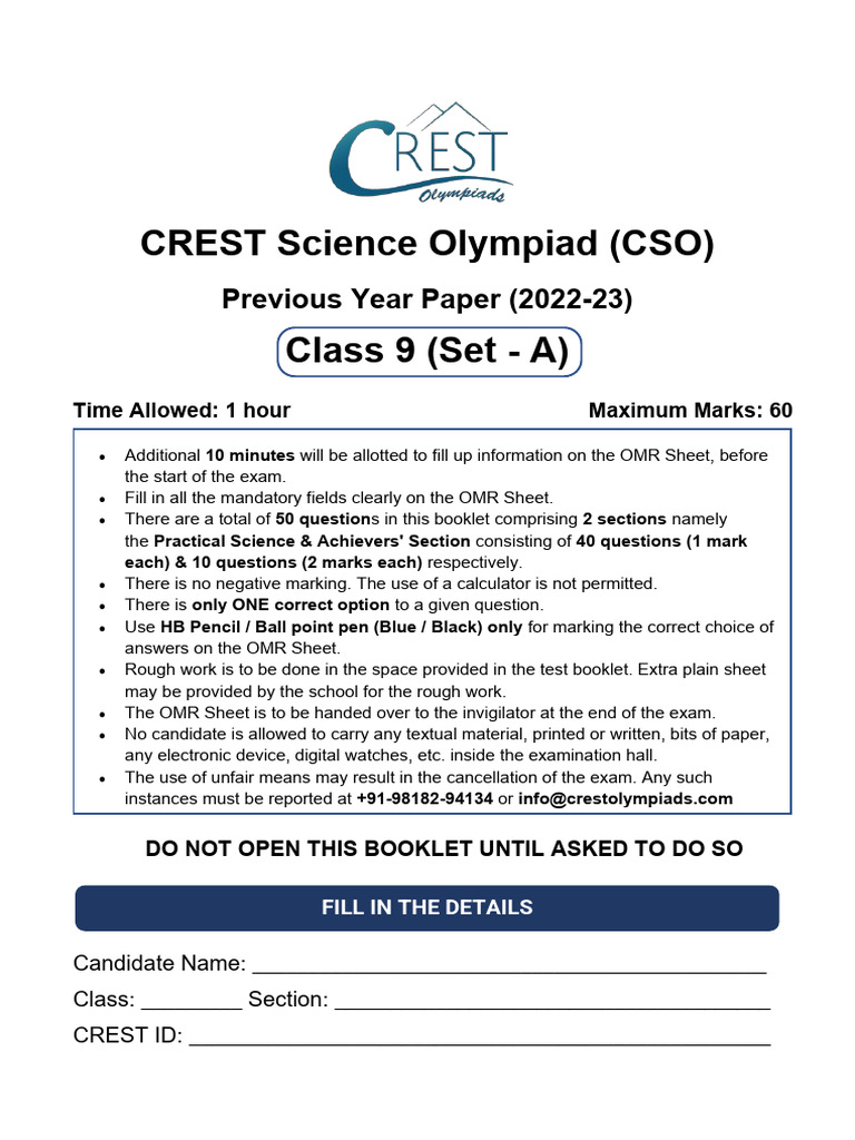 CSO Previous Year For Class 9 | PDF | Organisms | Atoms