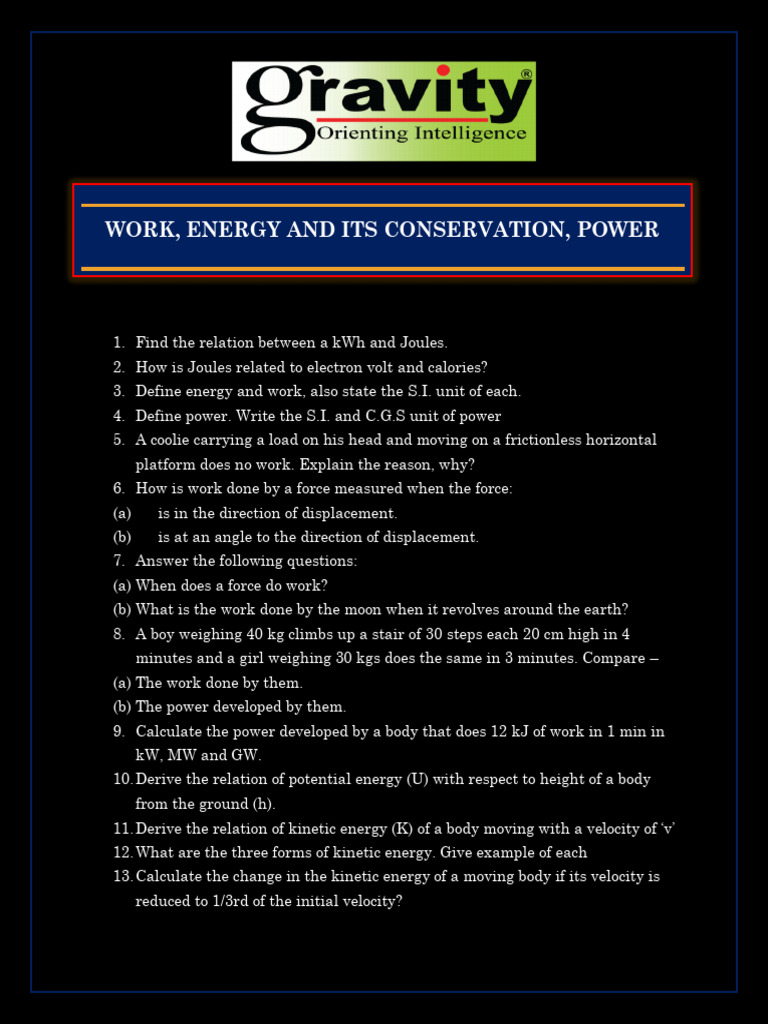 Icse X Work, Power & Energy Question Bank | PDF | Kinetic Energy | Velocity
