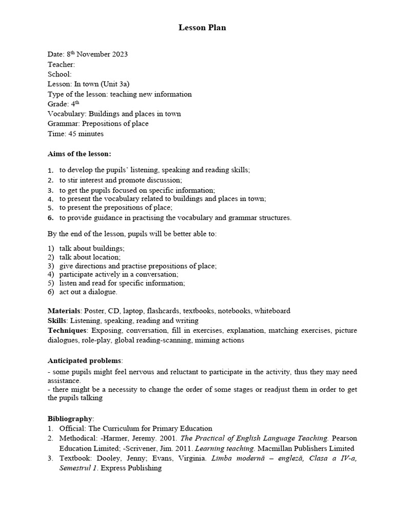 Lesson Plan 4th Grade in Town | PDF | Language Education | Lesson Plan
