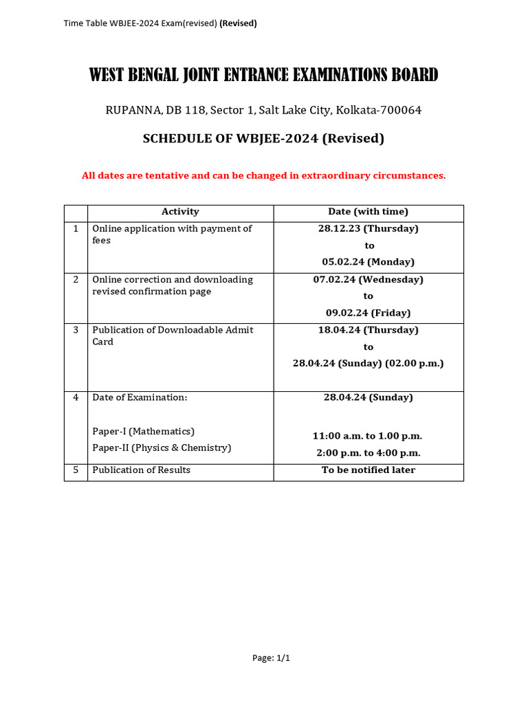 West Bengal Joint Entrance Examinations Board: SCHEDULE OF WBJEE-2024 ...
