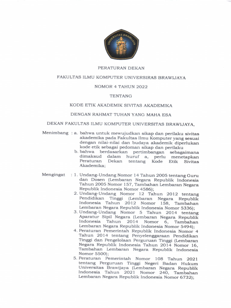 4 TH 2022 Perdek Kode Etik Akademik Fakultas Ilmu Komputer Fix | PDF