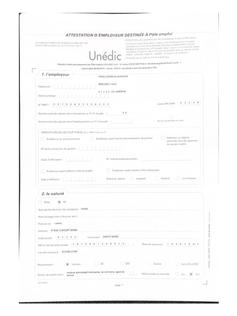 ATTESTATION D'EMPLOYEUR DESTINÉE À Pôle Emploi | PDF