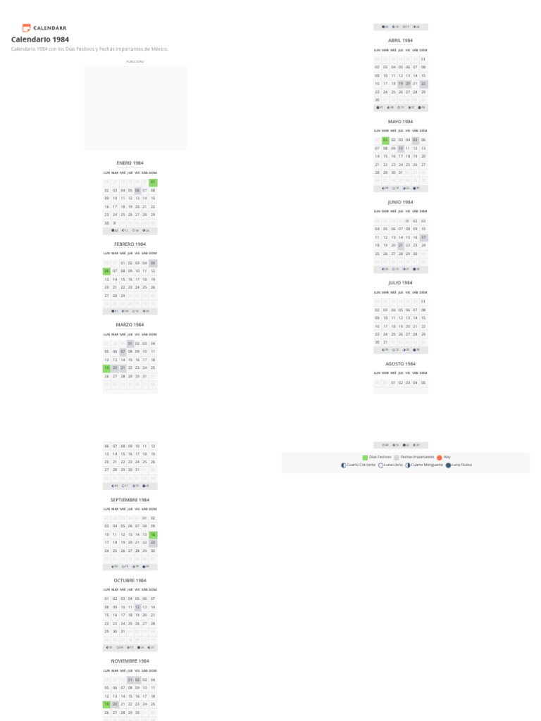 Calendario 1984 en México (Con Días Festivos) - Calendarr | PDF