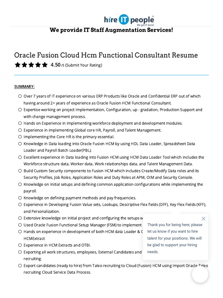 Oracle Fusion Cloud HCM Functional Consultant Resume - Hire IT People - We Get IT Done ...