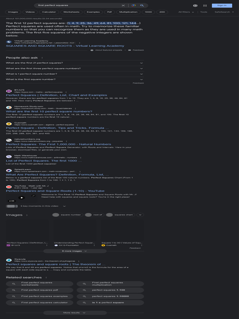 First 10 Perfect Squares List | PDF | Numbers | Mathematics