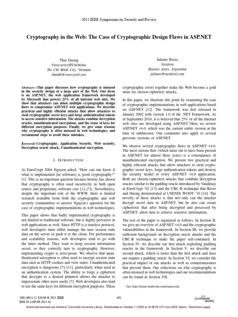 Cryptography in The Web The Case of Cryptographic Design Flaws in | PDF | Cryptography | Encryption