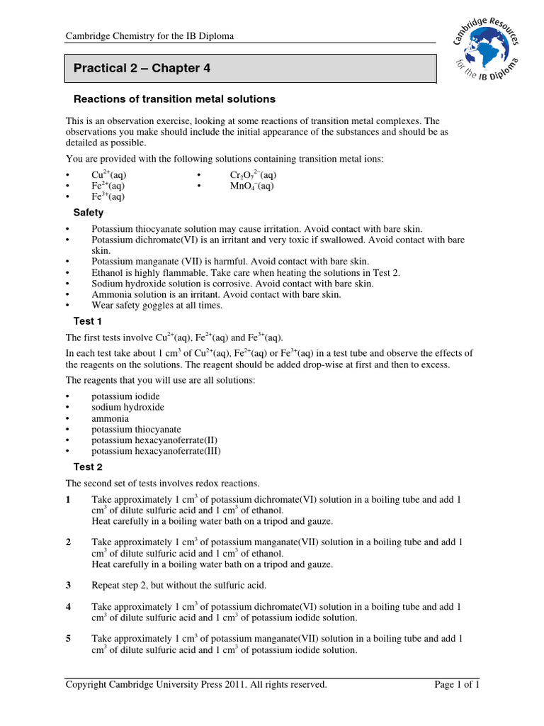 IB Chem 4 Resources Prac2 | PDF | Chemical Reactions | Sulfuric Acid