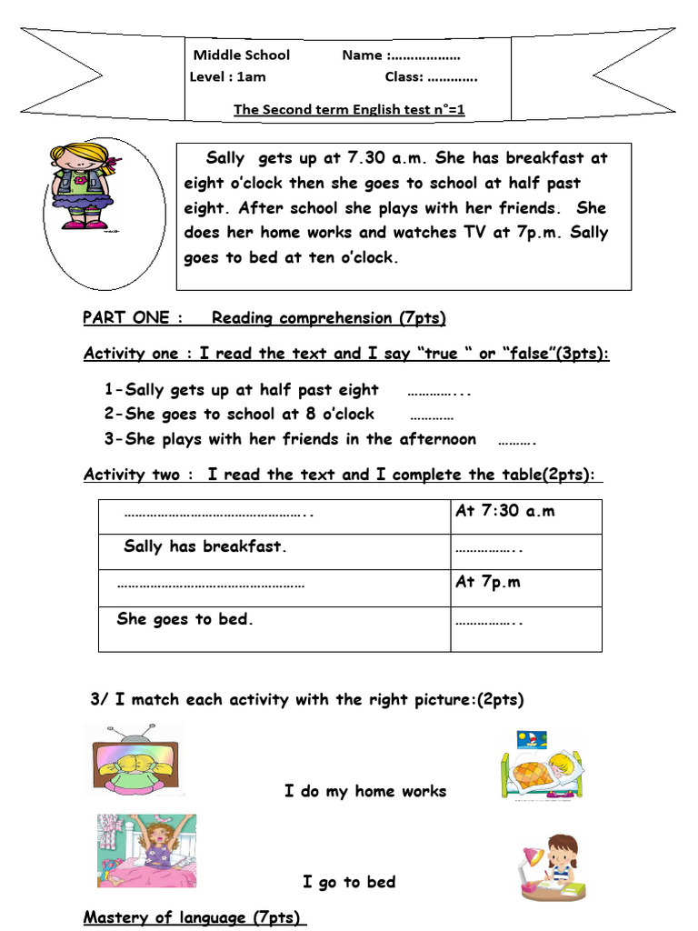 1MS Second Term Test 1 Sally Is An English Friend by Teacher Oum Walid ...